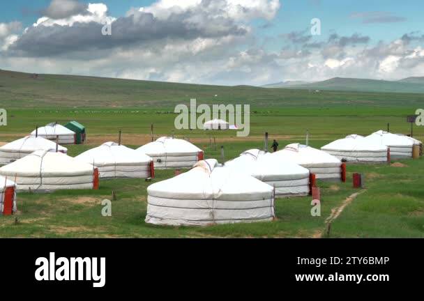 Yurt camp of village in the Mongolian steppe. Traditional ger is ...