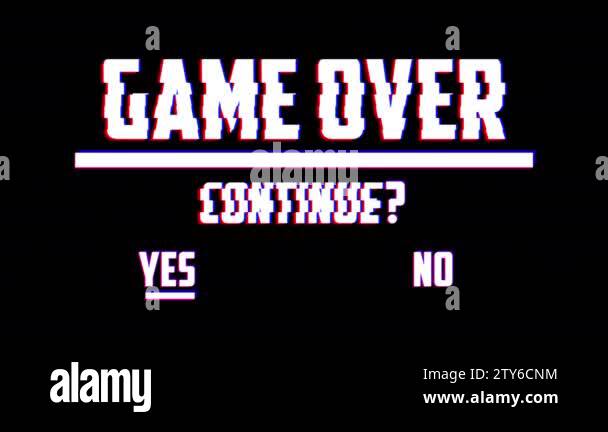 A videogame ending screen text on a tv: Game over Continue Yes No ...