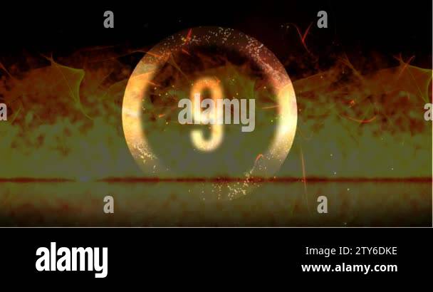 Animated countdown with red lights and flames against fire background ...