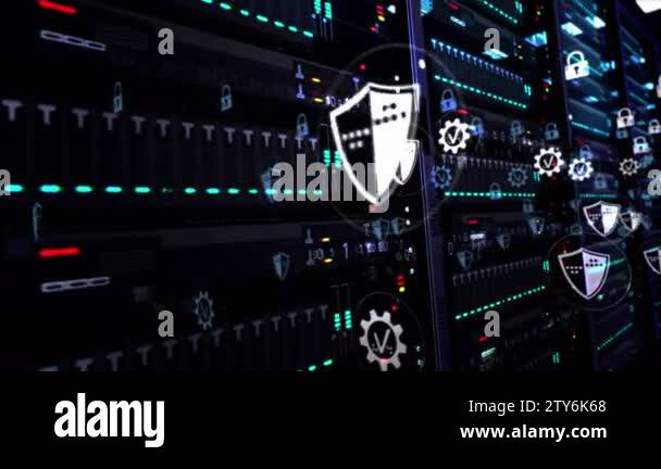 Modern servers room with symbols of cyber security, digital protection ...