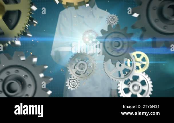 Female researcher, Engineer touching screen, Gears making human head ...