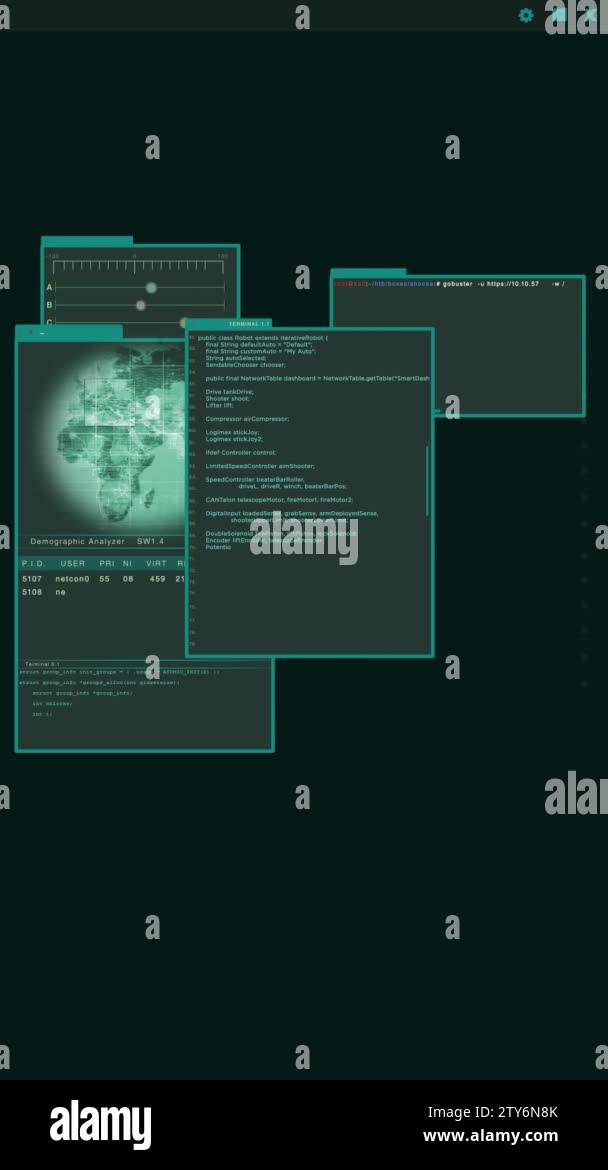 Vertical video - Virtual interface or HUD displaying multiple windows with hacker code running ...
