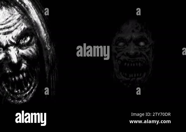 Scary zombie faces emerging from the dark. Animation in genre of horror ...