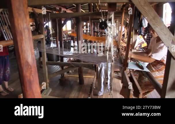 Looms in Myat Pwint Chel weaving workshop Inn Paw Khone village at Inle ...