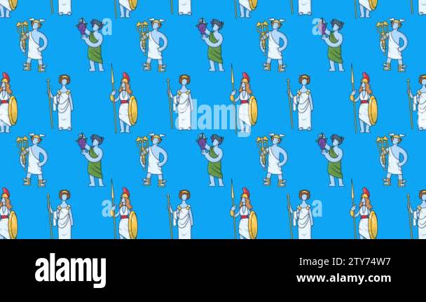 Seamless animated pattern of Ancient Greek gods on colorful background ...