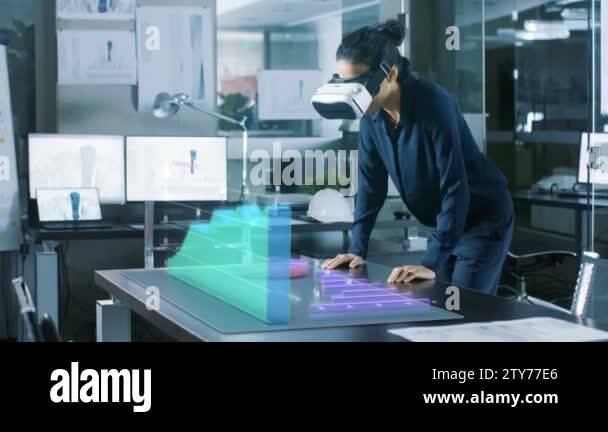 In the Office Professional Woman Wearing Augmented Reality Headset ...