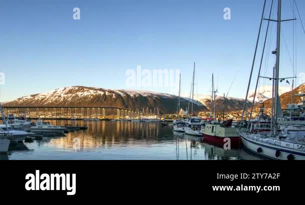 Yachts in the marina on the Lofoten islands, Yachts on the dock in the ...