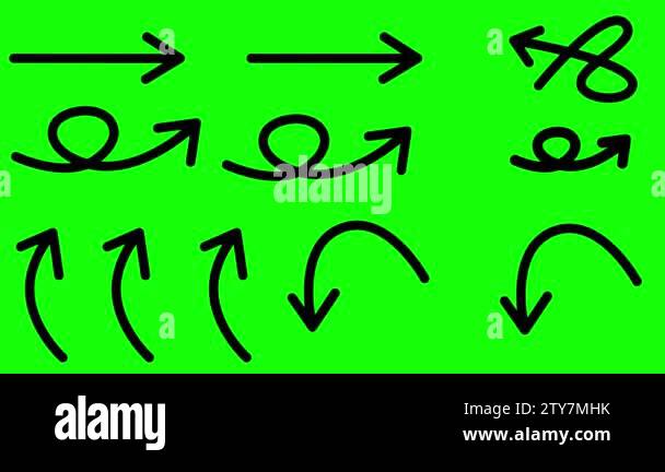 Arrows pack on a green screen background. 11 black animated flowing ...