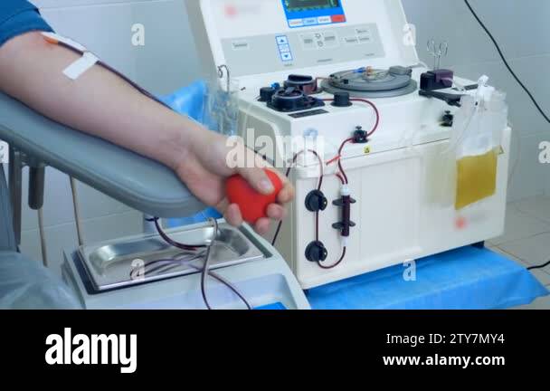 A donor undergoes a blood transfusion while donating in a special ...