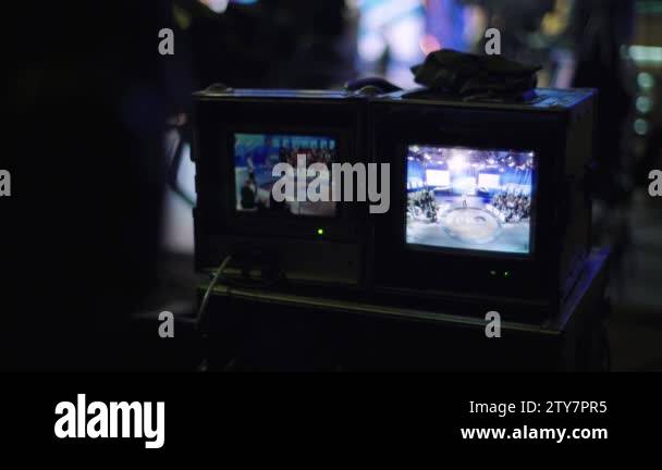 Monitor monitors in a TV studio during TV recording. Control room Stock ...