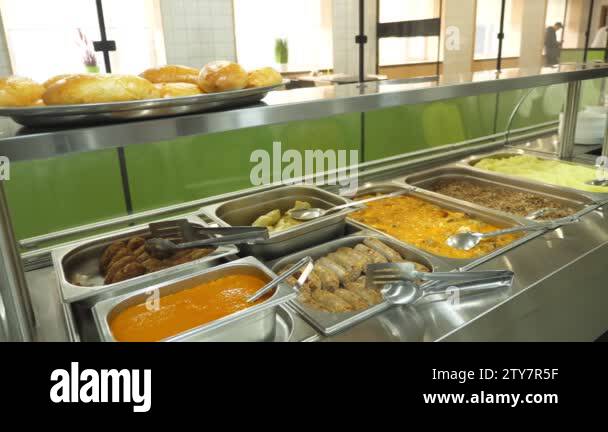 close-up, showcase of Self service restaurant with a variety of dishes ...
