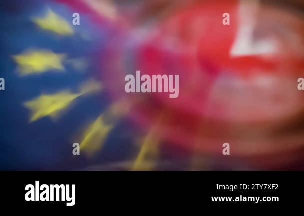 UK Union Jack and European Union EU flags reflected in slow motion ...