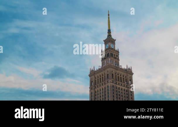 Time lapse of the spire of Palace of Culture and Science, historic high ...
