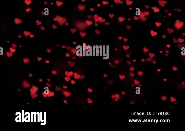 Red hearts particle emotion fade in bokeh floating on black screen ...