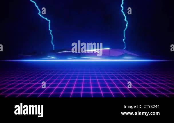 80s Pink Retro Grid and Blue Lightning. Seamlessly looping animated ...