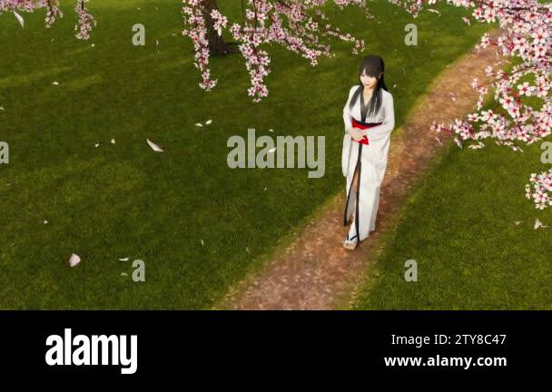 Japanese geisha girl in traditional kimono walking alone on trail among ...