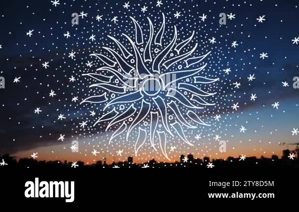 Cartoon sun and stars rotate on a dark blue background of the evening ...