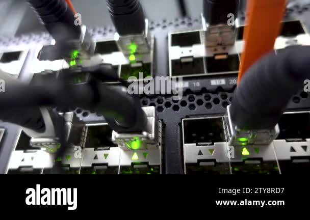 Modern network switch with cables. Server room. Flashing LED Lights ...