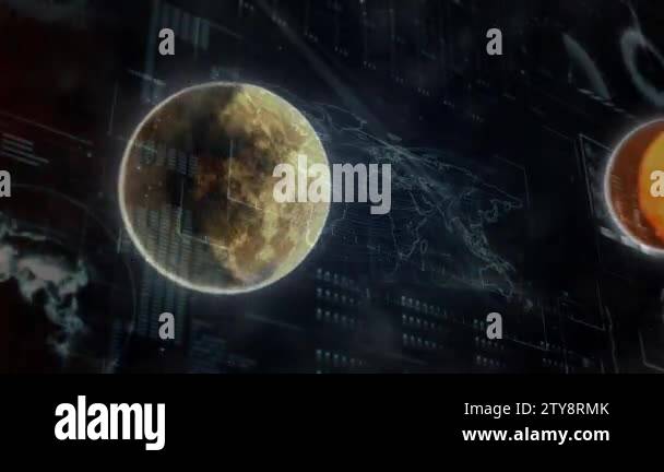 Digitally animated of solar system with sun and planets moving against ...