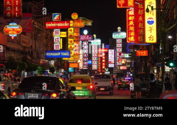 Traffic on Yaowarat Road at night, Yaowarat has been the main center of Chinese culture in ...