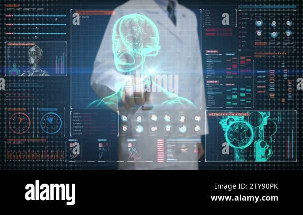 Doctor touching digital screen, Rotating scanning robot body in digital ...