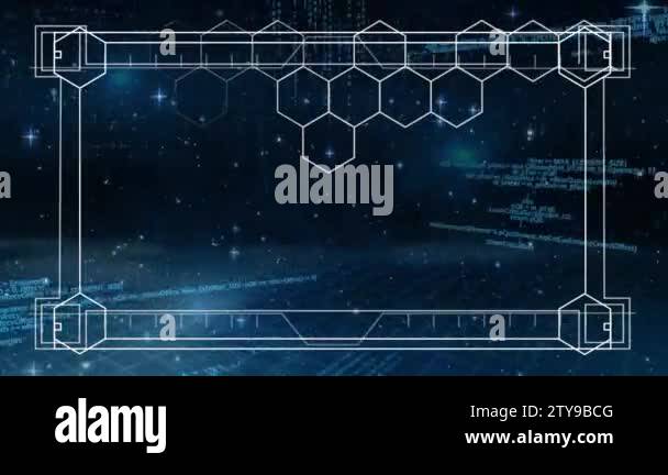 Digital animation of frame with hexagon shapes on a space background with stars and data ...