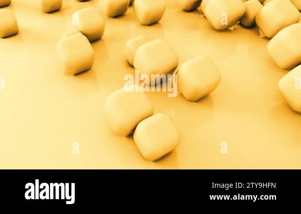 Abstract 3d shapes yellow cubes flying on soft surface. 4k render ...