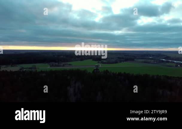 Sunrise Aerial View of Wooden Observation Tower in the Forest in ...