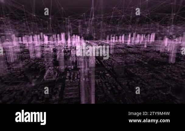 Camera moving around buildings. Wireless communication network concept ...