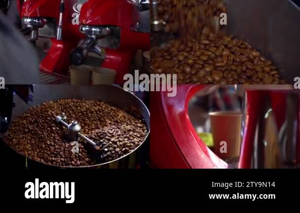 Collage of various video clips covering the topic of coffee. Split ...
