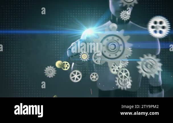 Robot, cyborg touched screen,Steel golden gears making question mark ...