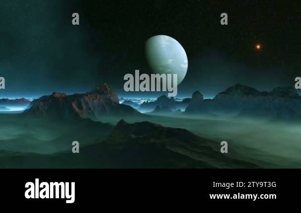 Blue Moon and UFO. The big blue planet slowly rotates in the dark ...