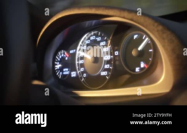 Dashboard in the car. Speedometer and moving,featuring lights leaks. 3d ...