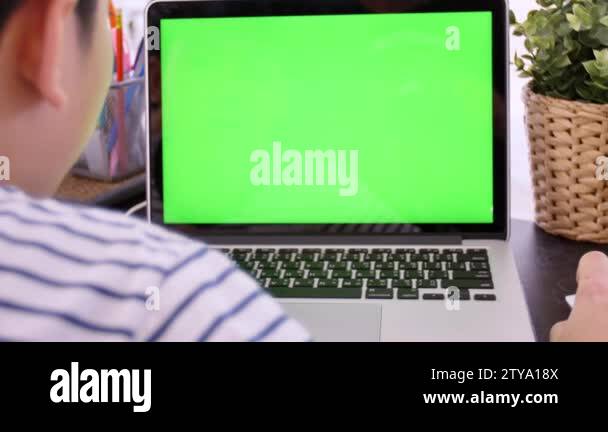 Over the shoulder shot of Asian boy looking at green screen. Office ...