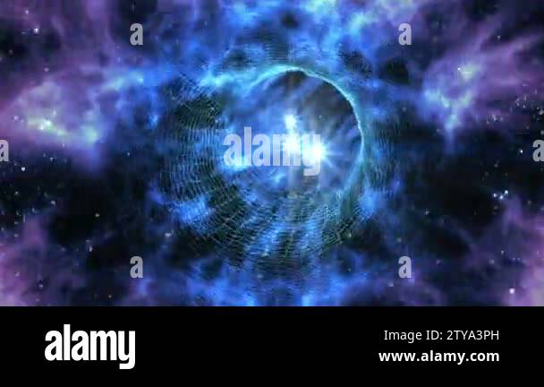 loop animation with wormhole interstellar travel through a blue force field on a grid with ...