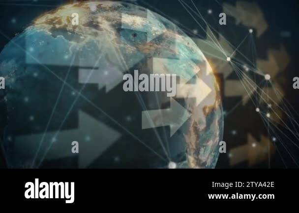 Digitally generated rotating earth while arrows move from left to right. Dark background with ...