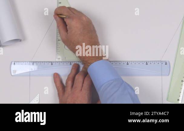 Close Up Image with Engineer Hands Drawing on a Paper Plan Using ...