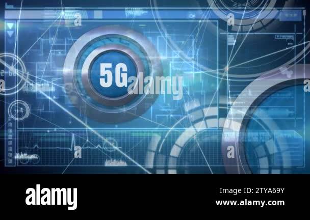 Digitally animated of 5g logo on a button with a technological ...