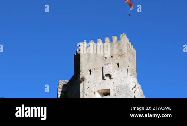 Castle Of Roquebrune-Cap-Martin With Paragliding In The Blue Sky, Old ...