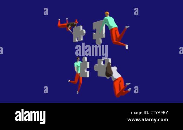 Well-coordinated Teamwork Concept. Characters Connecting Puzzle Pieces. 4K. Business, Creative ...