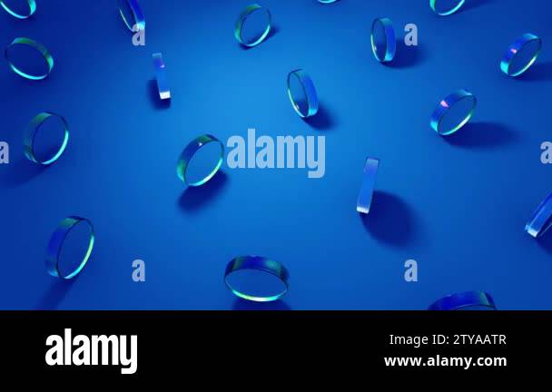 3D computer rendering of crystal glass round objects rotating on blue ...