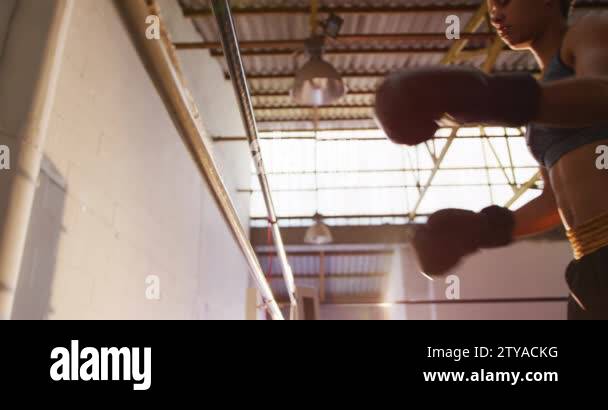 Side view of a mixed race female boxer with short curly hair wearing a ...
