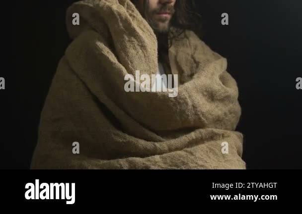 Jesus in robe showing bread, helping starving people, God kindness and ...