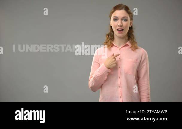 Teacher saying i understand in asl, text on background, communication ...