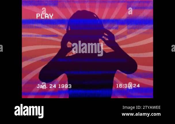 Animation of a screen with the word play, the date and time in white ...