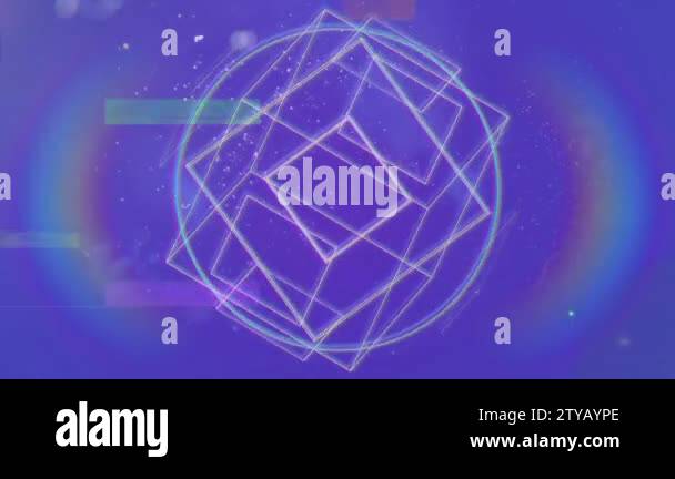 Animation of outlines of geometric shapes moving with rainbow colored halo on flickering spots ...