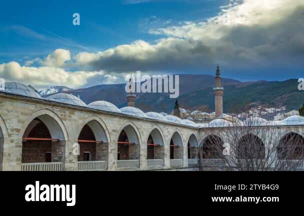 Bursa historic old "Ulu Mosque" minarets "Pirinc Caravanserai" and ...