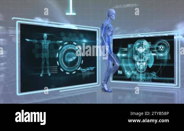 Digitally generated human anatomy walking, background shows black ...