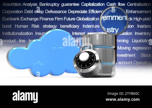 Front view animation of symbols of cloud security against a moving wall ...