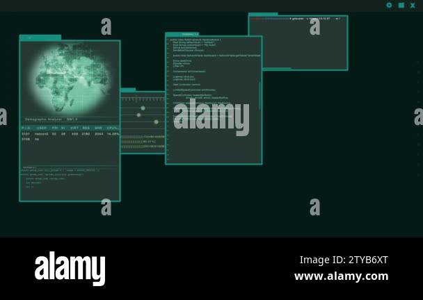 Virtual interface or HUD displaying multiple windows with hacker code ...